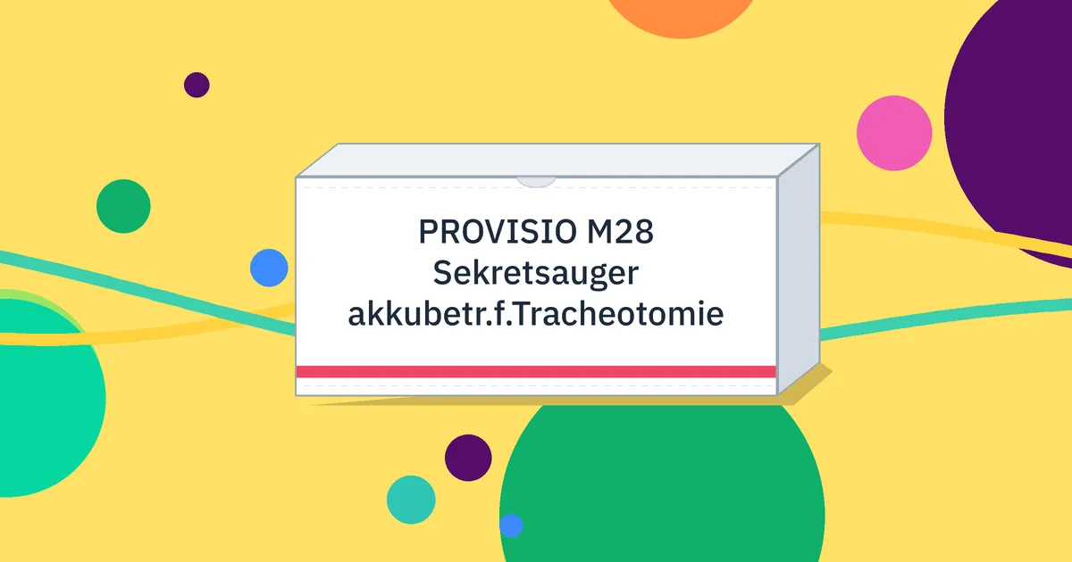 Symbolbild: Packung mit der Aufschrift PROVISIO M28 Sekretsauger akkubetr.f.Tracheotomie (PZN 11881334) – Verfügbarkeit und Bezug in Apotheken in Frankfurt am Main