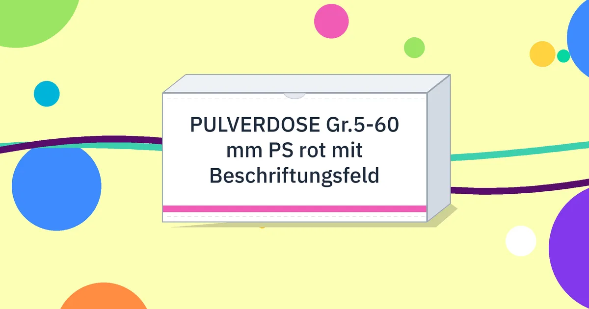 Symbolbild: Packung mit der Aufschrift PULVERDOSE Gr.5-60 mm PS rot mit Beschriftungsfeld (PZN 18222497) – Verfügbarkeit und Bezug in Apotheken in Frankfurt am Main