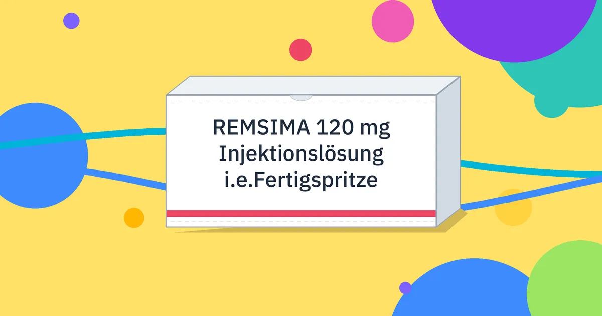 Symbolbild: Packung mit der Aufschrift REMSIMA 120 mg Injektionslösung i.e.Fertigspritze (PZN 19473238) – Verfügbarkeit und Bezug in Apotheken in Frankfurt am Main
