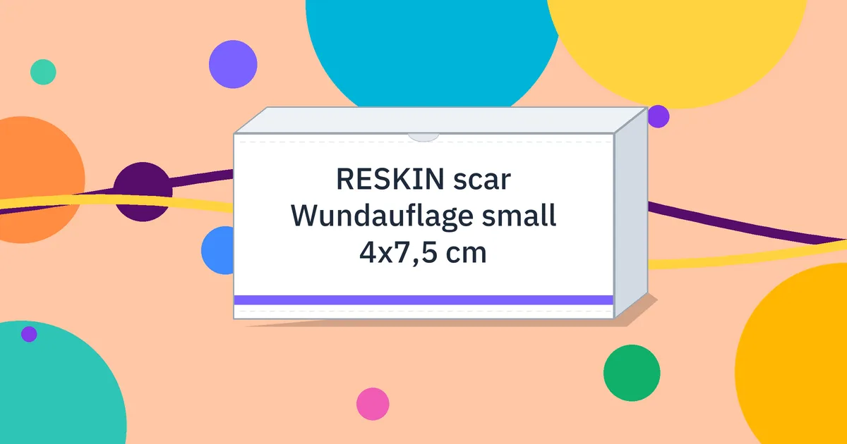 Symbolbild: Packung mit der Aufschrift RESKIN scar Wundauflage small 4x7,5 cm (PZN 18740246) – Verfügbarkeit und Bezug in Apotheken in Frankfurt am Main