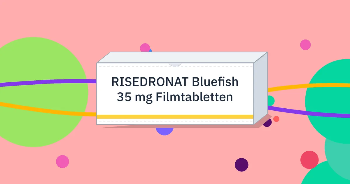 Symbolbild: Packung mit der Aufschrift RISEDRONAT Bluefish 35 mg Filmtabletten (PZN 08472566) – Verfügbarkeit und Bezug in Apotheken in Frankfurt am Main