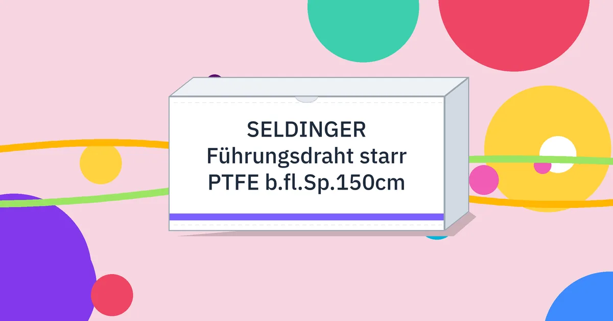 Symbolbild: Packung mit der Aufschrift SELDINGER Führungsdraht starr PTFE b.fl.Sp.150cm (PZN 17998669) – Verfügbarkeit und Bezug in Apotheken in Frankfurt am Main