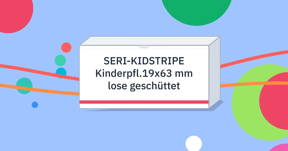 Symbolbild: Packung mit der Aufschrift SERI-KIDSTRIPE Kinderpfl.19x63 mm lose geschüttet (PZN 20364218) – Verfügbarkeit und Bezug in Apotheken in Frankfurt am Main
