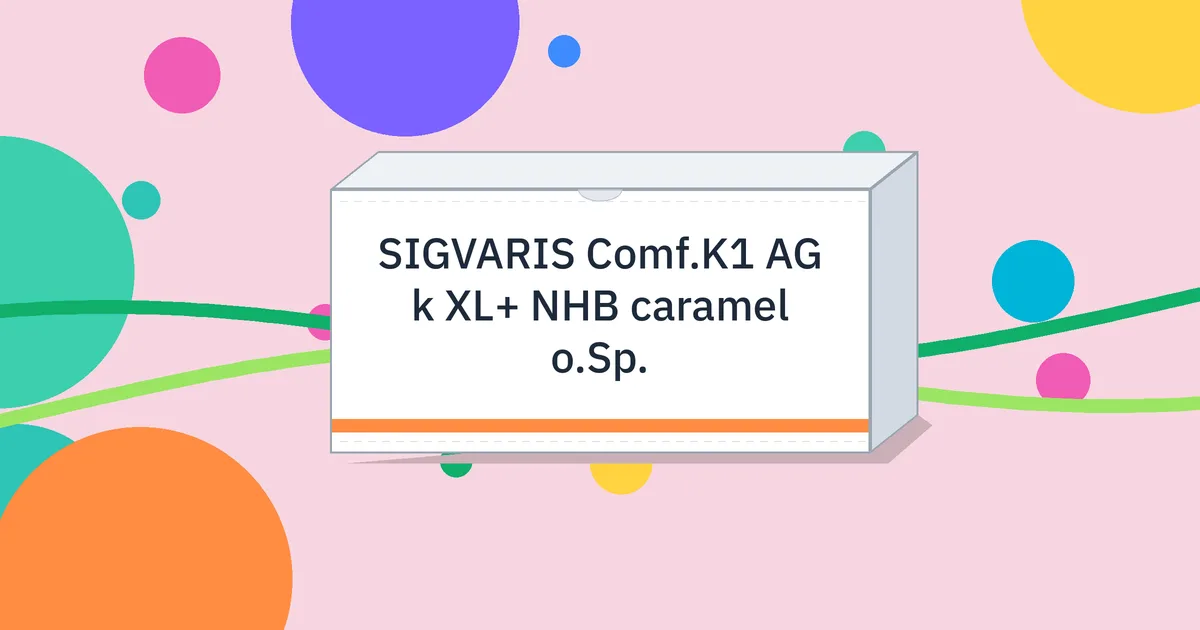 Symbolbild: Packung mit der Aufschrift SIGVARIS Comf.K1 AG k XL+ NHB caramel o.Sp. (PZN 17097245) – Verfügbarkeit und Bezug in Apotheken in Frankfurt am Main