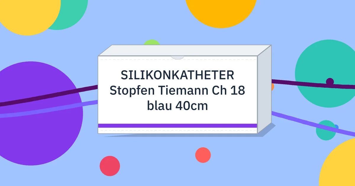 Symbolbild: Packung mit der Aufschrift SILIKONKATHETER Stopfen Tiemann Ch 18 blau 40cm (PZN 09766494) – Verfügbarkeit und Bezug in Apotheken in Frankfurt am Main