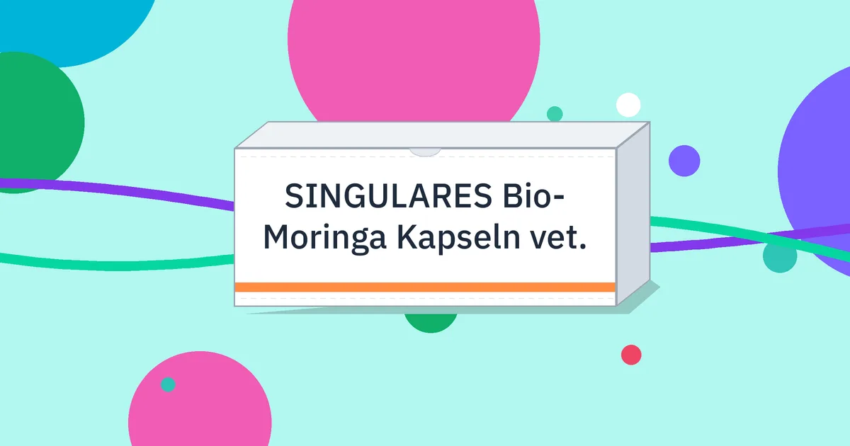 Symbolbild: Packung mit der Aufschrift SINGULARES Bio-Moringa Kapseln vet. (PZN 12554488) – Verfügbarkeit und Bezug in Apotheken in Frankfurt am Main