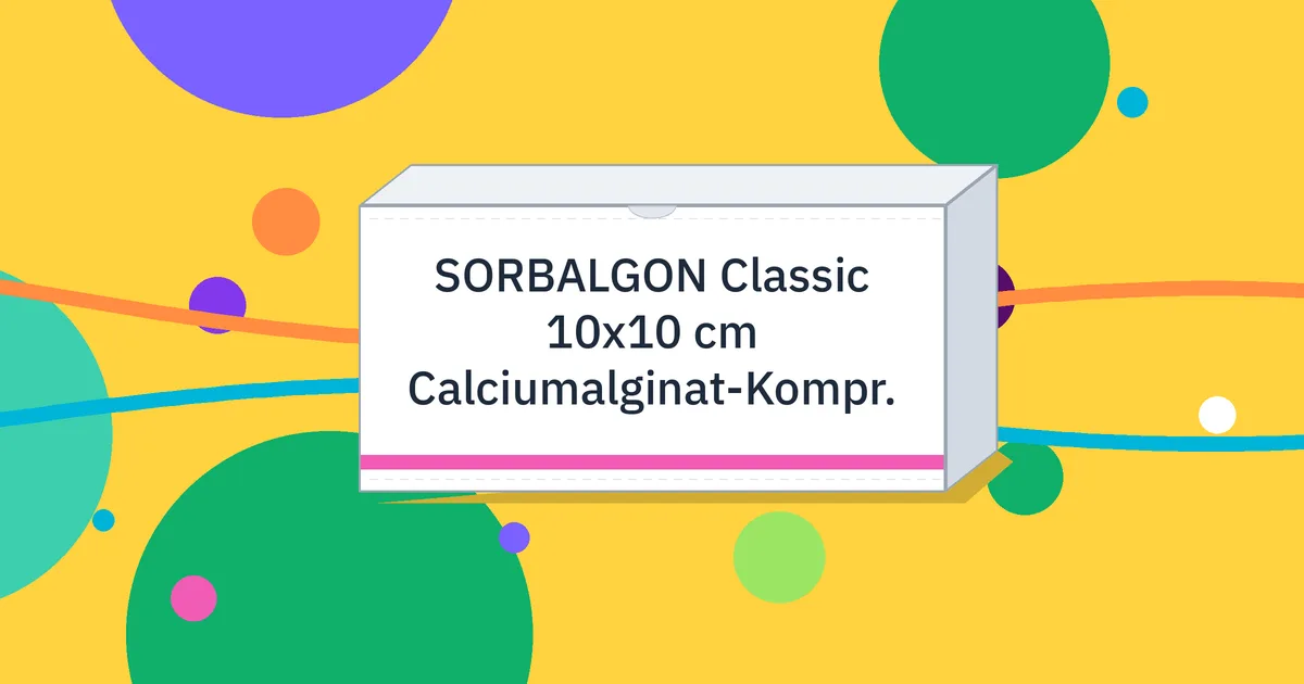 Symbolbild: Packung mit der Aufschrift SORBALGON Classic 10x10 cm Calciumalginat-Kompr. (PZN 17834399) – Verfügbarkeit und Bezug in Apotheken in Frankfurt am Main