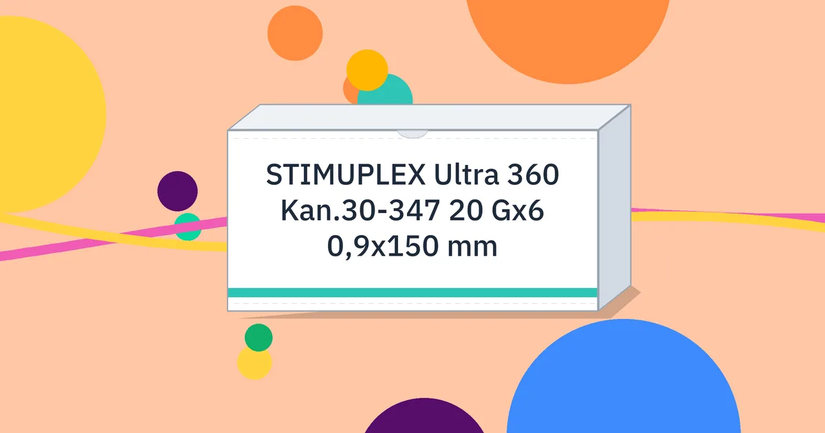 Symbolbild: Packung mit der Aufschrift STIMUPLEX Ultra 360 Kan.30-347 20 Gx6 0,9x150 mm (PZN 11540544) – Verfügbarkeit und Bezug in Apotheken in Frankfurt am Main