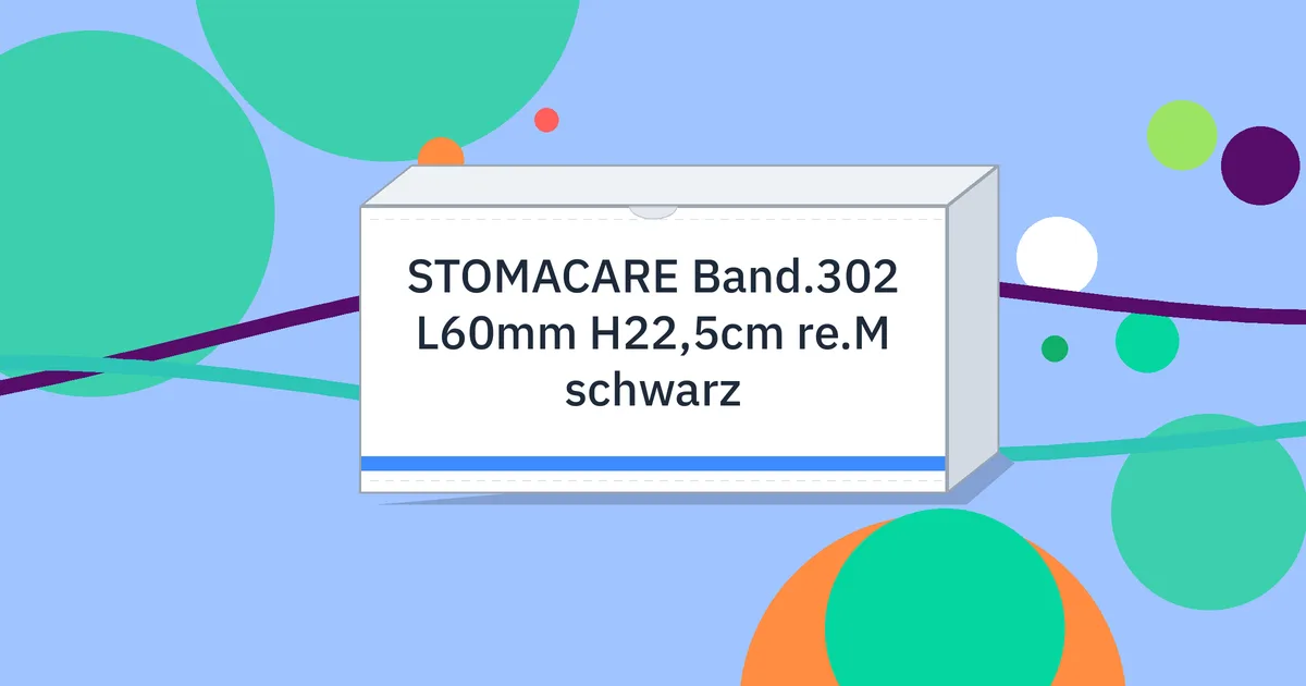 Symbolbild: Packung mit der Aufschrift STOMACARE Band.302 L60mm H22,5cm re.M schwarz (PZN 10840988) – Verfügbarkeit und Bezug in Apotheken in Frankfurt am Main