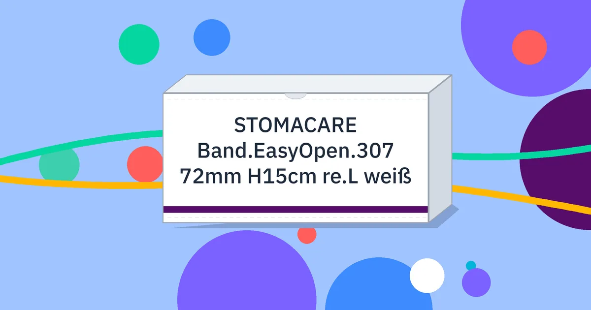 Symbolbild: Packung mit der Aufschrift STOMACARE Band.EasyOpen.307 72mm H15cm re.L weiß (PZN 07665458) – Verfügbarkeit und Bezug in Apotheken in Frankfurt am Main