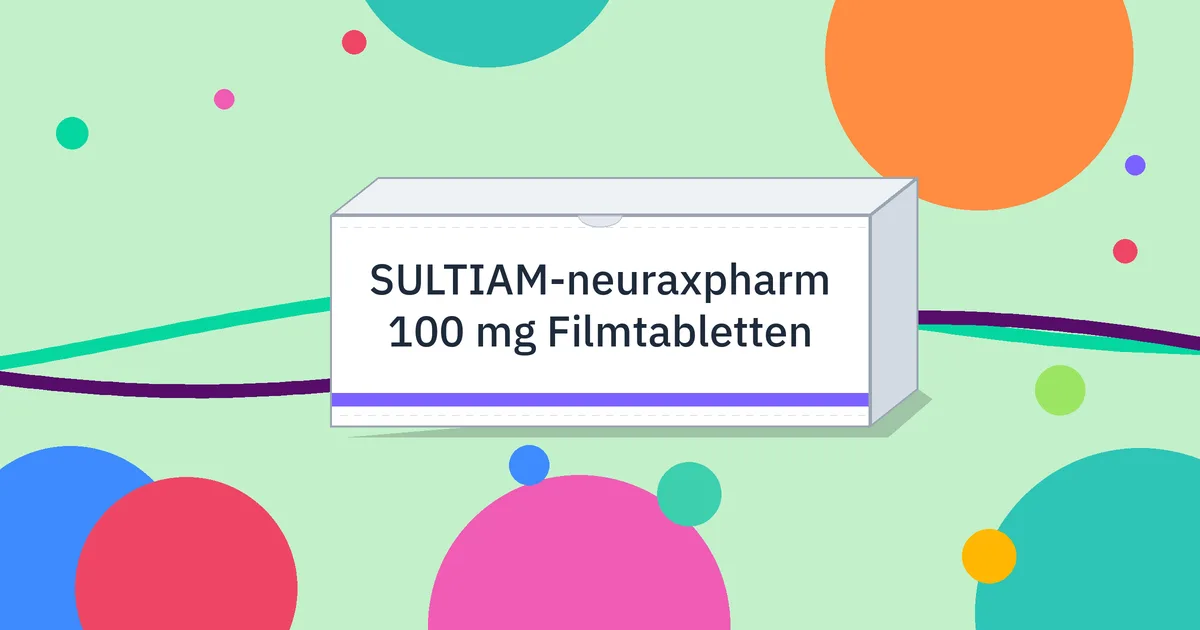 Symbolbild: Packung mit der Aufschrift SULTIAM-neuraxpharm 100 mg Filmtabletten (PZN 12547436) – Verfügbarkeit und Bezug in Apotheken in Frankfurt am Main