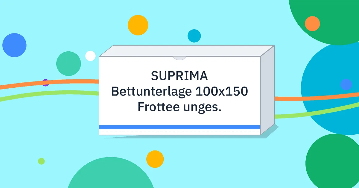 Symbolbild: Packung mit der Aufschrift SUPRIMA Bettunterlage 100x150 Frottee unges. (PZN 03813502) – Verfügbarkeit und Bezug in Apotheken in Frankfurt am Main
