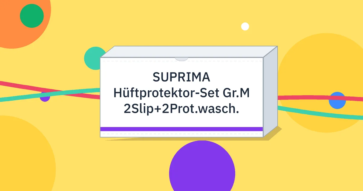 Symbolbild: Packung mit der Aufschrift SUPRIMA Hüftprotektor-Set Gr.M 2Slip+2Prot.wasch. (PZN 09784316) – Verfügbarkeit und Bezug in Apotheken in Frankfurt am Main
