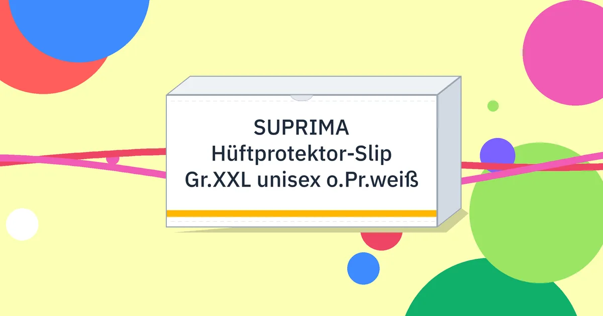 Symbolbild: Packung mit der Aufschrift SUPRIMA Hüftprotektor-Slip Gr.XXL unisex o.Pr.weiß (PZN 09737759) – Verfügbarkeit und Bezug in Apotheken in Frankfurt am Main