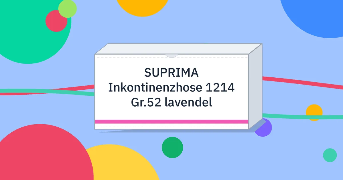 Symbolbild: Packung mit der Aufschrift SUPRIMA Inkontinenzhose 1214 Gr.52 lavendel (PZN 02852374) – Verfügbarkeit und Bezug in Apotheken in Frankfurt am Main