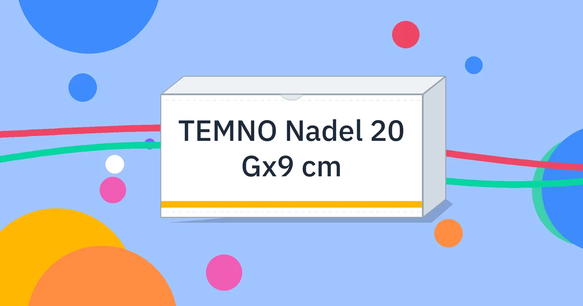 Symbolbild: Packung mit der Aufschrift TEMNO Nadel 20 Gx9 cm (PZN 18764784) – Verfügbarkeit und Bezug in Apotheken in Frankfurt am Main
