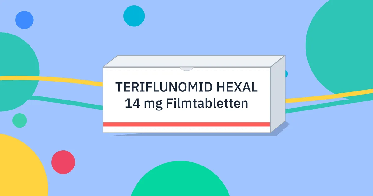 Symbolbild: Packung mit der Aufschrift TERIFLUNOMID HEXAL 14 mg Filmtabletten (PZN 18229401) – Verfügbarkeit und Bezug in Apotheken in Frankfurt am Main