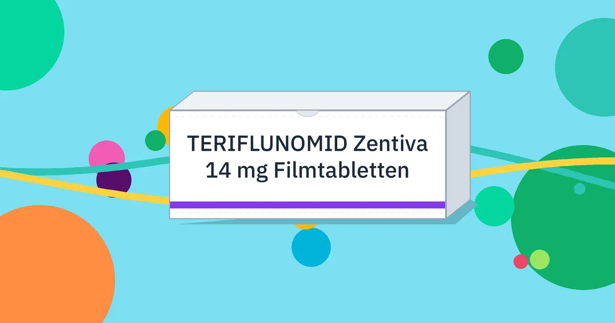 Symbolbild: Packung mit der Aufschrift TERIFLUNOMID Zentiva 14 mg Filmtabletten (PZN 18441101) – Verfügbarkeit und Bezug in Apotheken in Frankfurt am Main