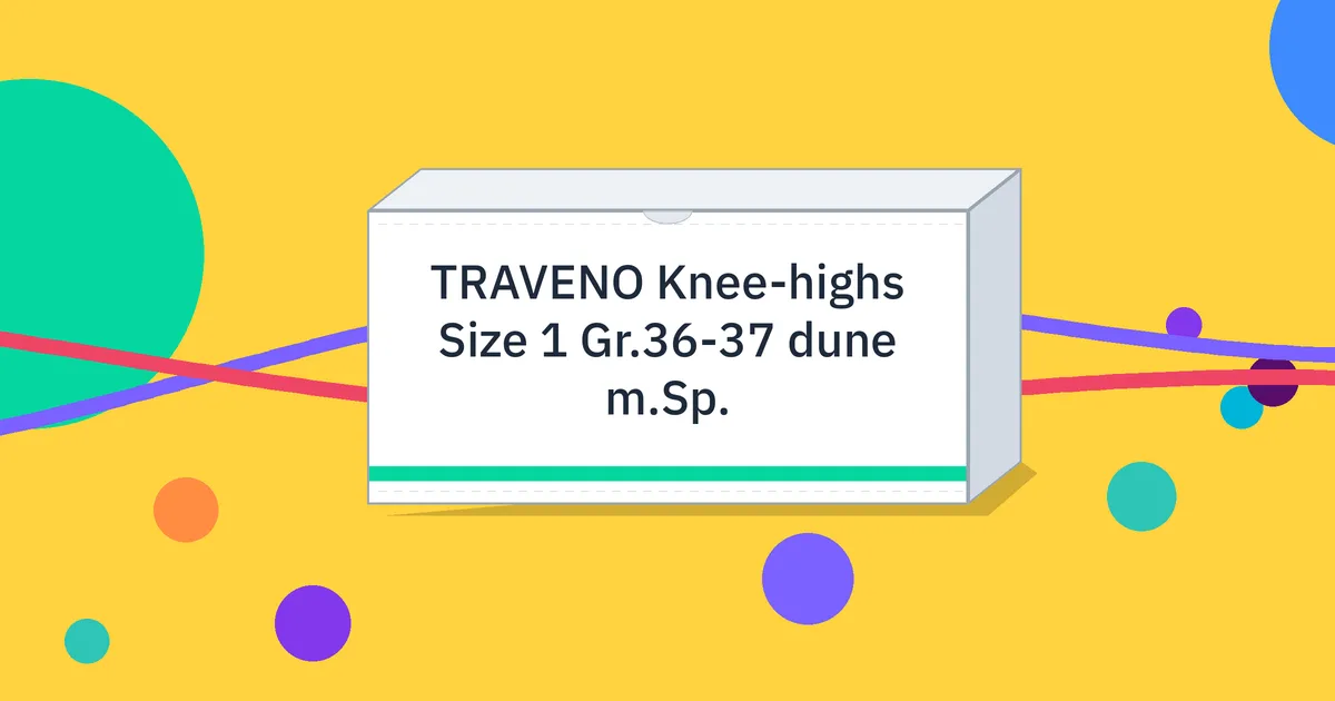 Symbolbild: Packung mit der Aufschrift TRAVENO Knee-highs Size 1 Gr.36-37 dune m.Sp. (PZN 17602915) – Verfügbarkeit und Bezug in Apotheken in Frankfurt am Main