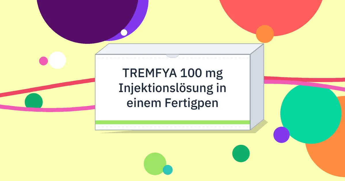 Symbolbild: Packung mit der Aufschrift TREMFYA 100 mg Injektionslösung in einem Fertigpen (PZN 14357355) – Verfügbarkeit und Bezug in Apotheken in Frankfurt am Main