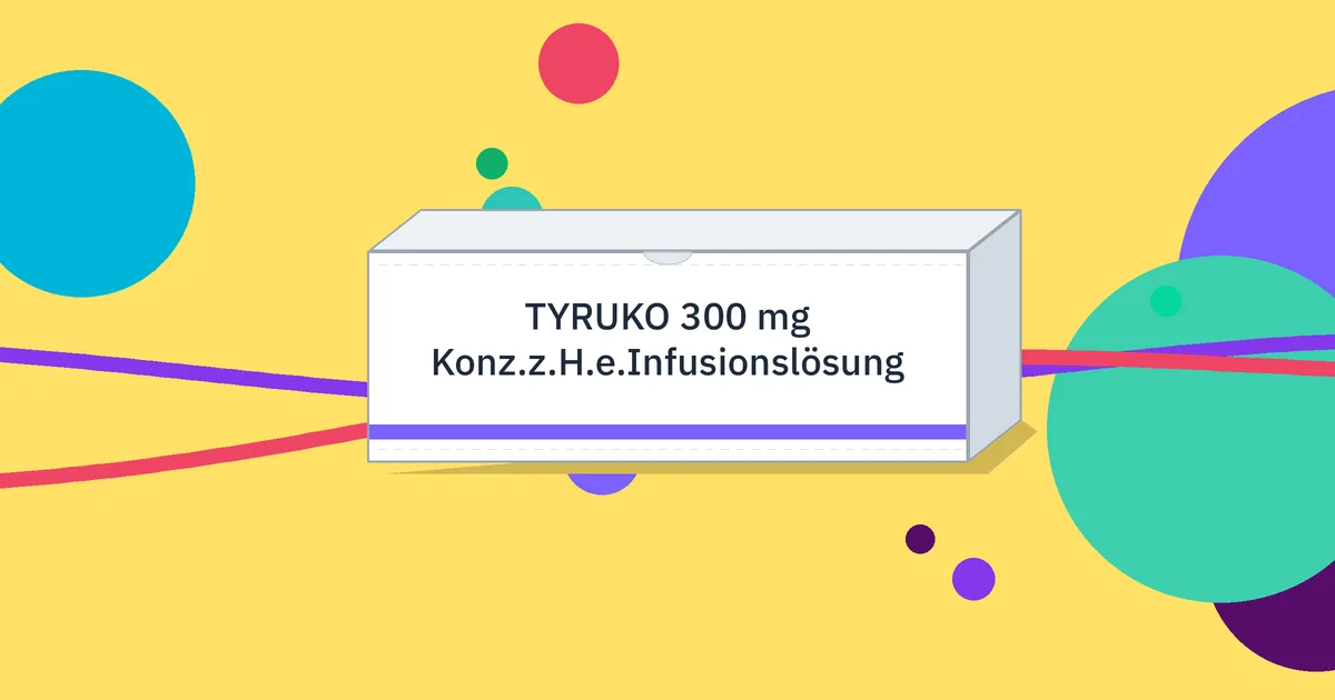 Symbolbild: Packung mit der Aufschrift TYRUKO 300 mg Konz.z.H.e.Infusionslösung (PZN 19299444) – Verfügbarkeit und Bezug in Apotheken in Frankfurt am Main