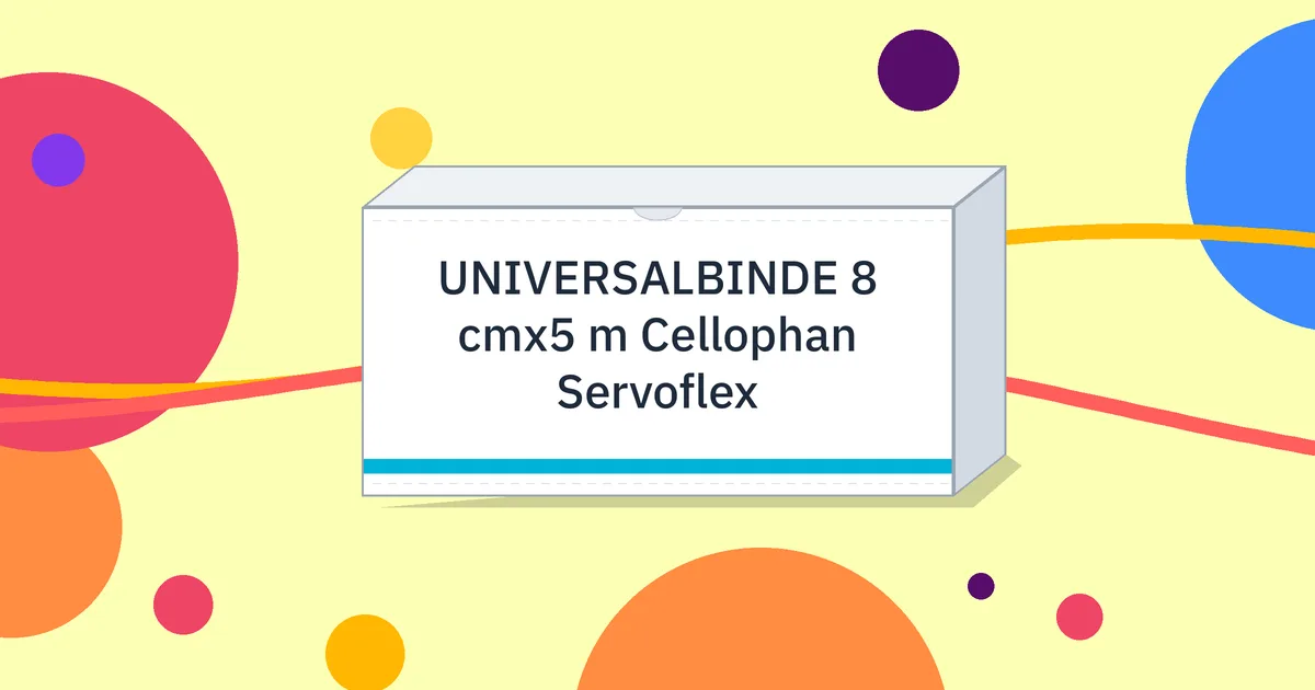 Symbolbild: Packung mit der Aufschrift UNIVERSALBINDE 8 cmx5 m Cellophan Servoflex (PZN 04762178) – Verfügbarkeit und Bezug in Apotheken in Frankfurt am Main
