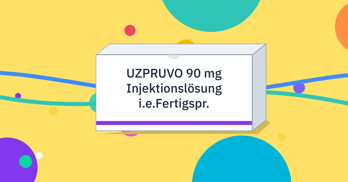 Symbolbild: Packung mit der Aufschrift UZPRUVO 90 mg Injektionslösung i.e.Fertigspr. (PZN 19465813) – Verfügbarkeit und Bezug in Apotheken in Frankfurt am Main