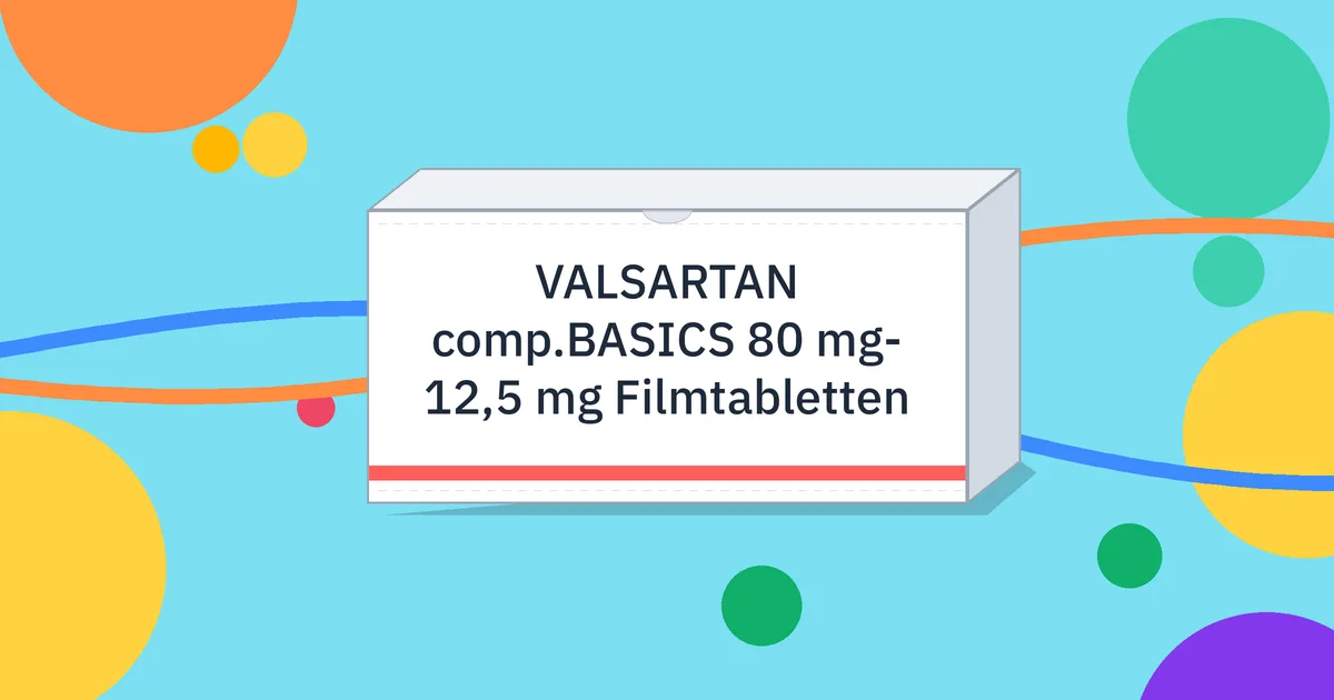 Symbolbild: Packung mit der Aufschrift VALSARTAN comp.BASICS 80 mg-12,5 mg Filmtabletten (PZN 08472000) – Verfügbarkeit und Bezug in Apotheken in Frankfurt am Main
