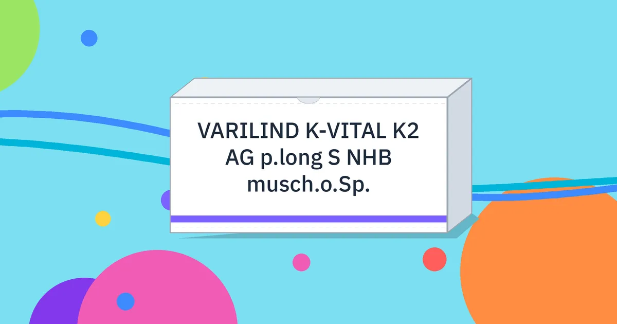 Symbolbild: Packung mit der Aufschrift VARILIND K-VITAL K2 AG p.long S NHB musch.o.Sp. (PZN 20565738) – Verfügbarkeit und Bezug in Apotheken in Frankfurt am Main