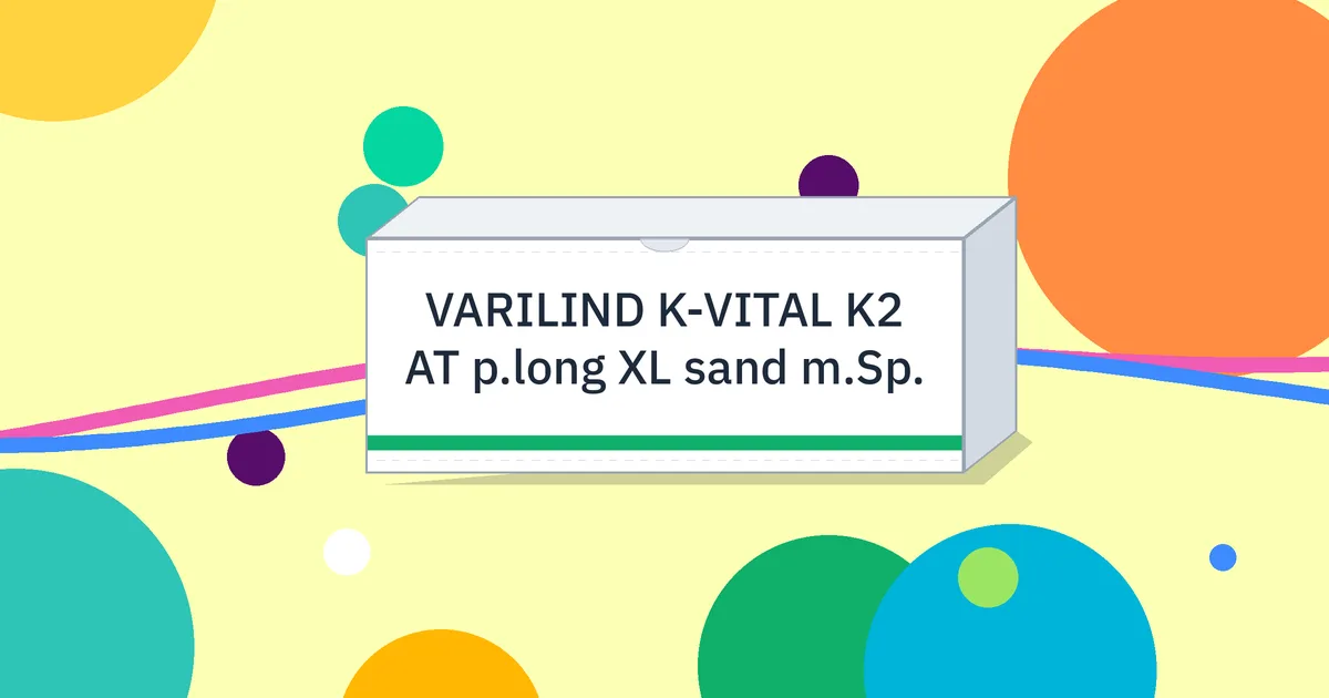 Symbolbild: Packung mit der Aufschrift VARILIND K-VITAL K2 AT p.long XL sand m.Sp. (PZN 20561261) – Verfügbarkeit und Bezug in Apotheken in Frankfurt am Main