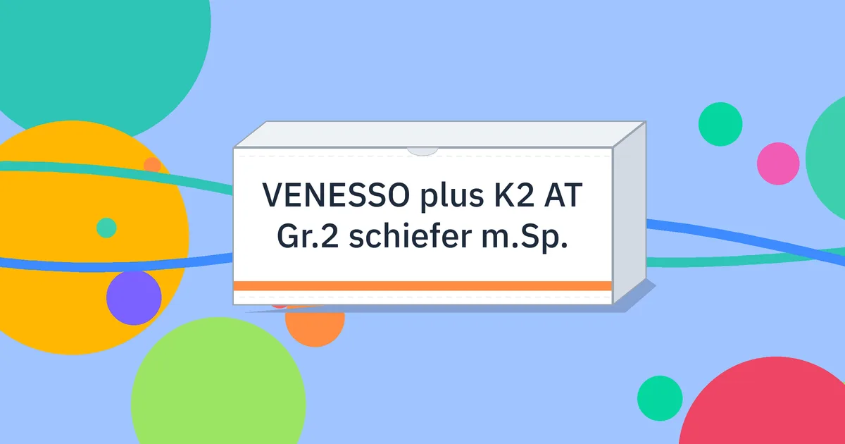 Symbolbild: Packung mit der Aufschrift VENESSO plus K2 AT Gr.2 schiefer m.Sp. (PZN 03286847) – Verfügbarkeit und Bezug in Apotheken in Frankfurt am Main