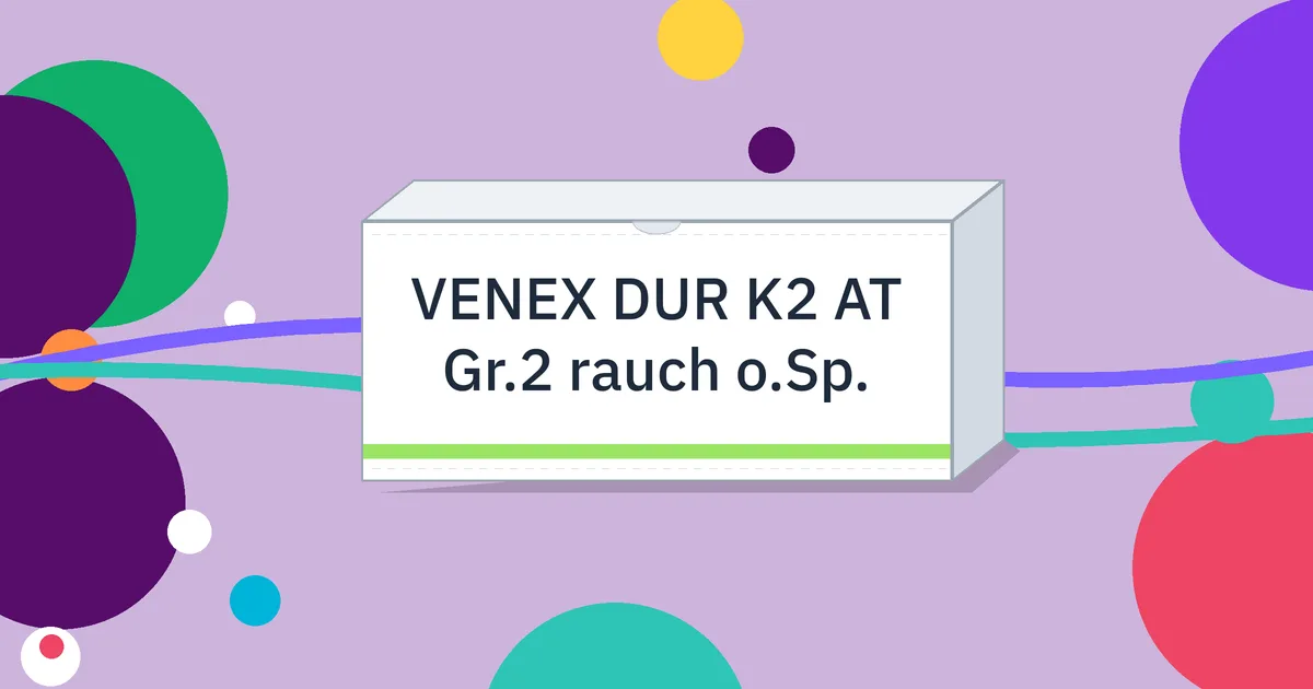 Symbolbild: Packung mit der Aufschrift VENEX DUR K2 AT Gr.2 rauch o.Sp. (PZN 03222764) – Verfügbarkeit und Bezug in Apotheken in Frankfurt am Main