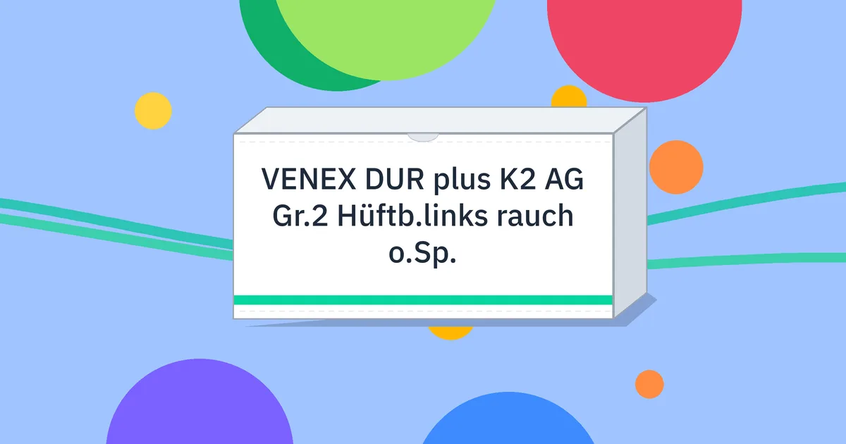 Symbolbild: Packung mit der Aufschrift VENEX DUR plus K2 AG Gr.2 Hüftb.links rauch o.Sp. (PZN 03239463) – Verfügbarkeit und Bezug in Apotheken in Frankfurt am Main