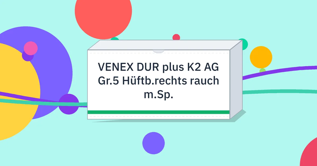 Symbolbild: Packung mit der Aufschrift VENEX DUR plus K2 AG Gr.5 Hüftb.rechts rauch m.Sp. (PZN 03238340) – Verfügbarkeit und Bezug in Apotheken in Frankfurt am Main