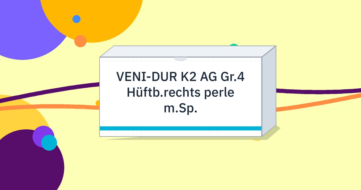 Symbolbild: Packung mit der Aufschrift VENI-DUR K2 AG Gr.4 Hüftb.rechts perle m.Sp. (PZN 03248686) – Verfügbarkeit und Bezug in Apotheken in Frankfurt am Main