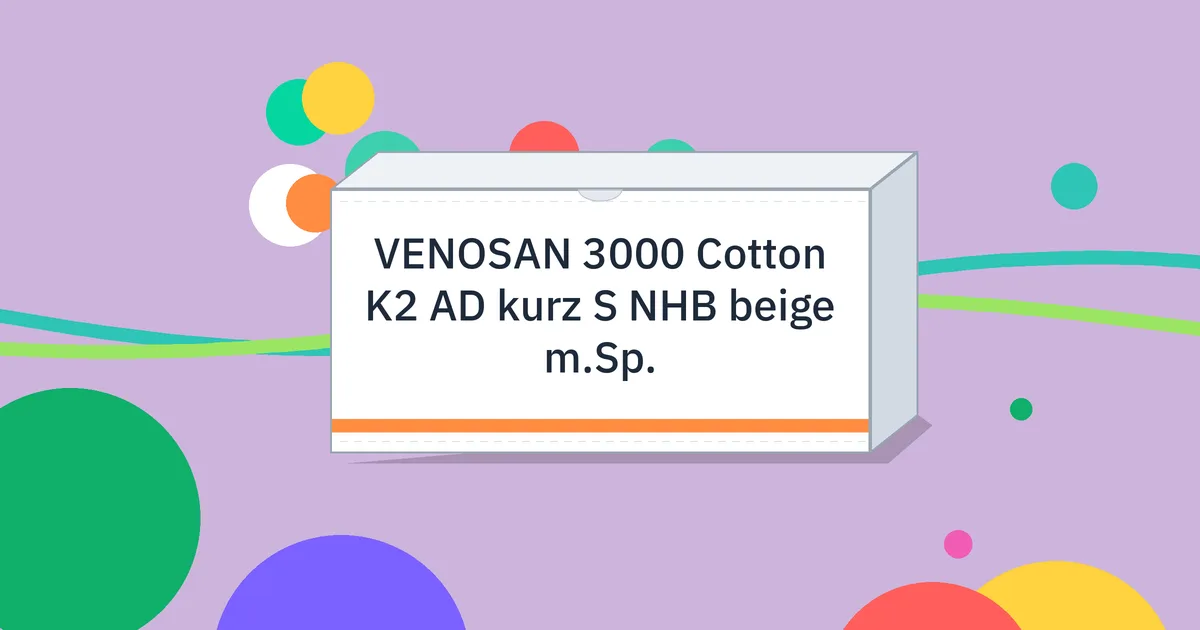 Symbolbild: Packung mit der Aufschrift VENOSAN 3000 Cotton K2 AD kurz S NHB beige m.Sp. (PZN 14421478) – Verfügbarkeit und Bezug in Apotheken in Frankfurt am Main