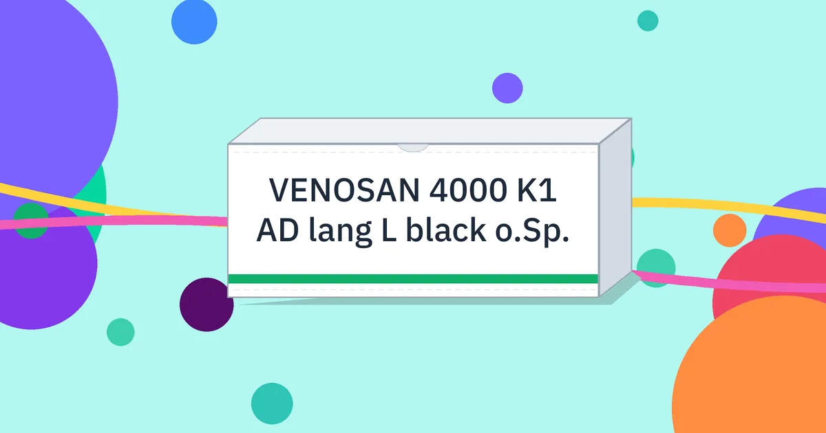 Symbolbild: Packung mit der Aufschrift VENOSAN 4000 K1 AD lang L black o.Sp. (PZN 14426300) – Verfügbarkeit und Bezug in Apotheken in Frankfurt am Main