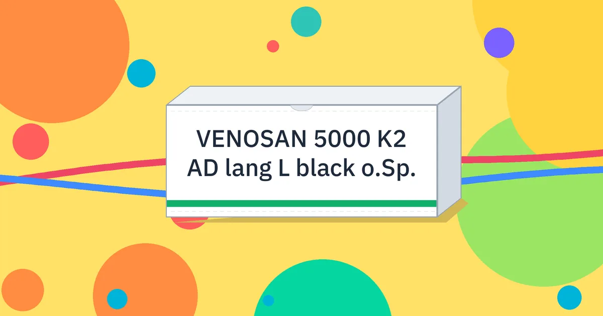 Symbolbild: Packung mit der Aufschrift VENOSAN 5000 K2 AD lang L black o.Sp. (PZN 14433079) – Verfügbarkeit und Bezug in Apotheken in Frankfurt am Main