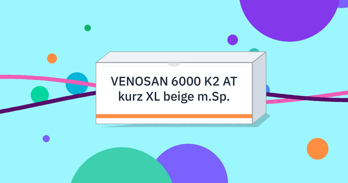 Symbolbild: Packung mit der Aufschrift VENOSAN 6000 K2 AT kurz XL beige m.Sp. (PZN 17173236) – Verfügbarkeit und Bezug in Apotheken in Frankfurt am Main