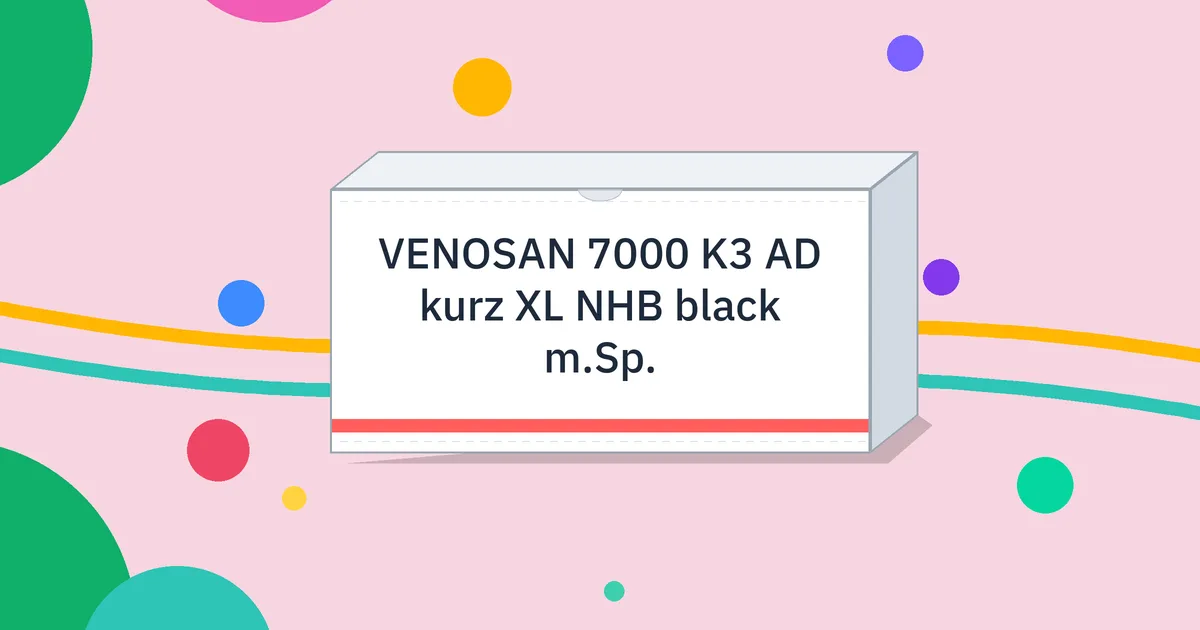 Symbolbild: Packung mit der Aufschrift VENOSAN 7000 K3 AD kurz XL NHB black m.Sp. (PZN 14436474) – Verfügbarkeit und Bezug in Apotheken in Frankfurt am Main