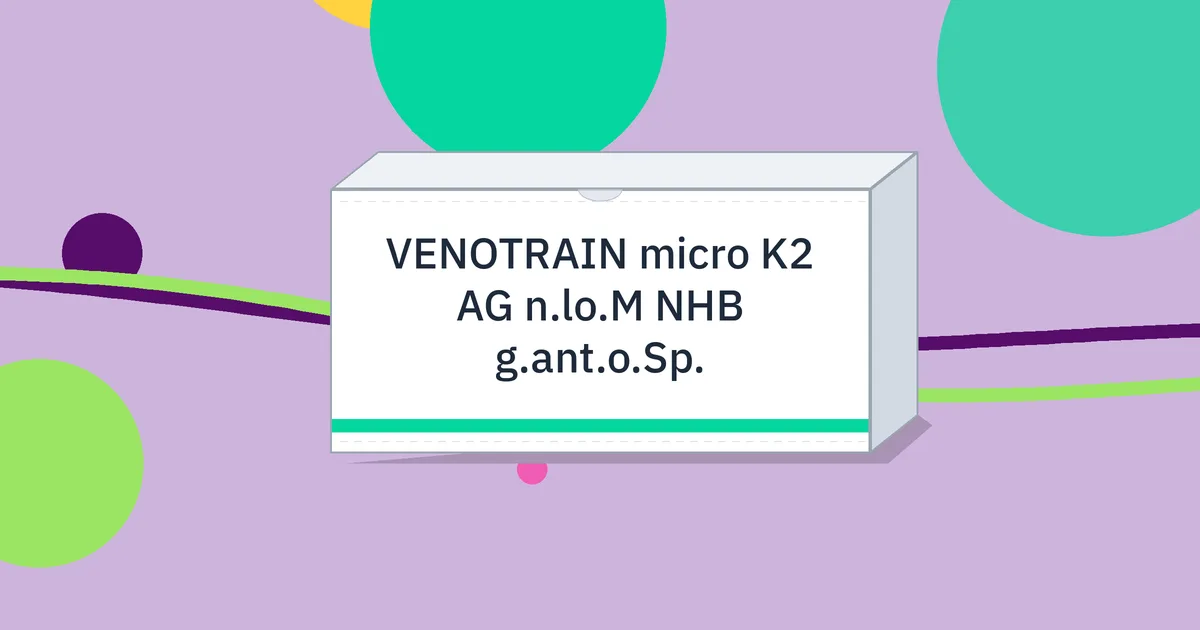 Symbolbild: Packung mit der Aufschrift VENOTRAIN micro K2 AG n.lo.M NHB g.ant.o.Sp. (PZN 11062671) – Verfügbarkeit und Bezug in Apotheken in Frankfurt am Main