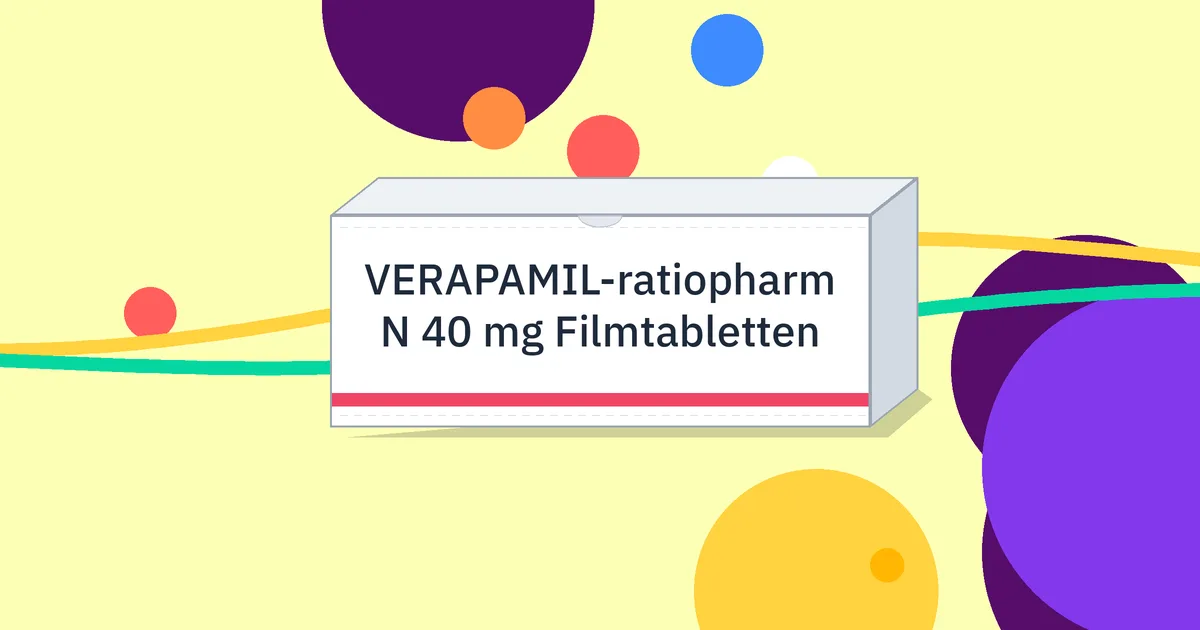 Symbolbild: Packung mit der Aufschrift VERAPAMIL-ratiopharm N 40 mg Filmtabletten (PZN 03634047) – Verfügbarkeit und Bezug in Apotheken in Frankfurt am Main