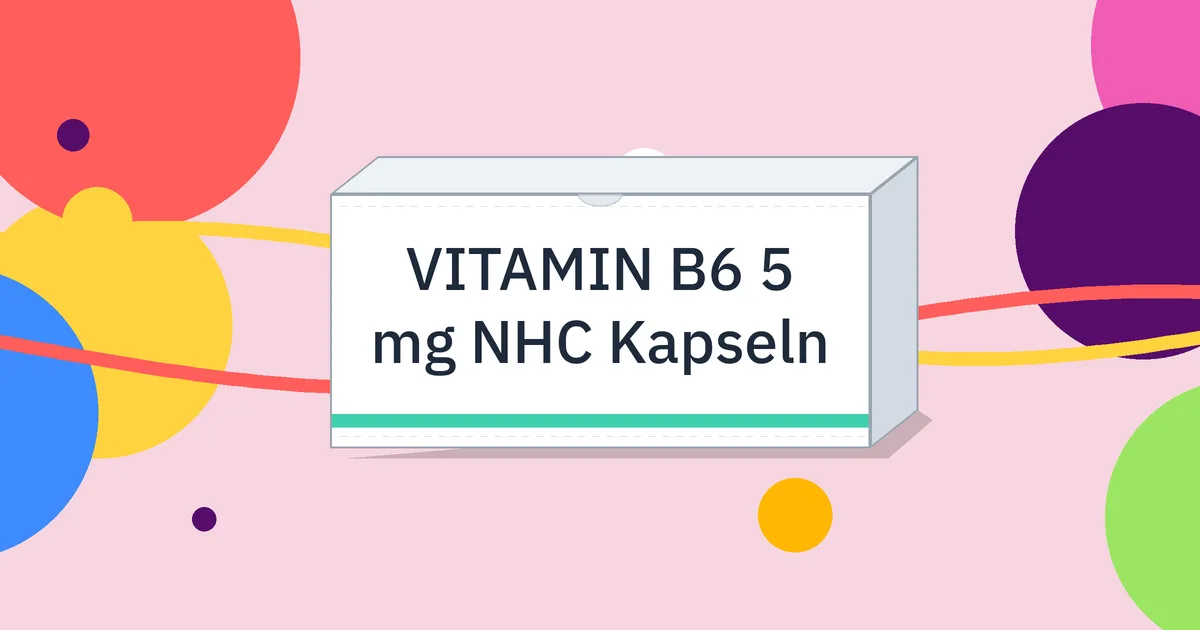 Symbolbild: Packung mit der Aufschrift VITAMIN B6 5 mg NHC Kapseln (PZN 00765760) – Verfügbarkeit und Bezug in Apotheken in Frankfurt am Main