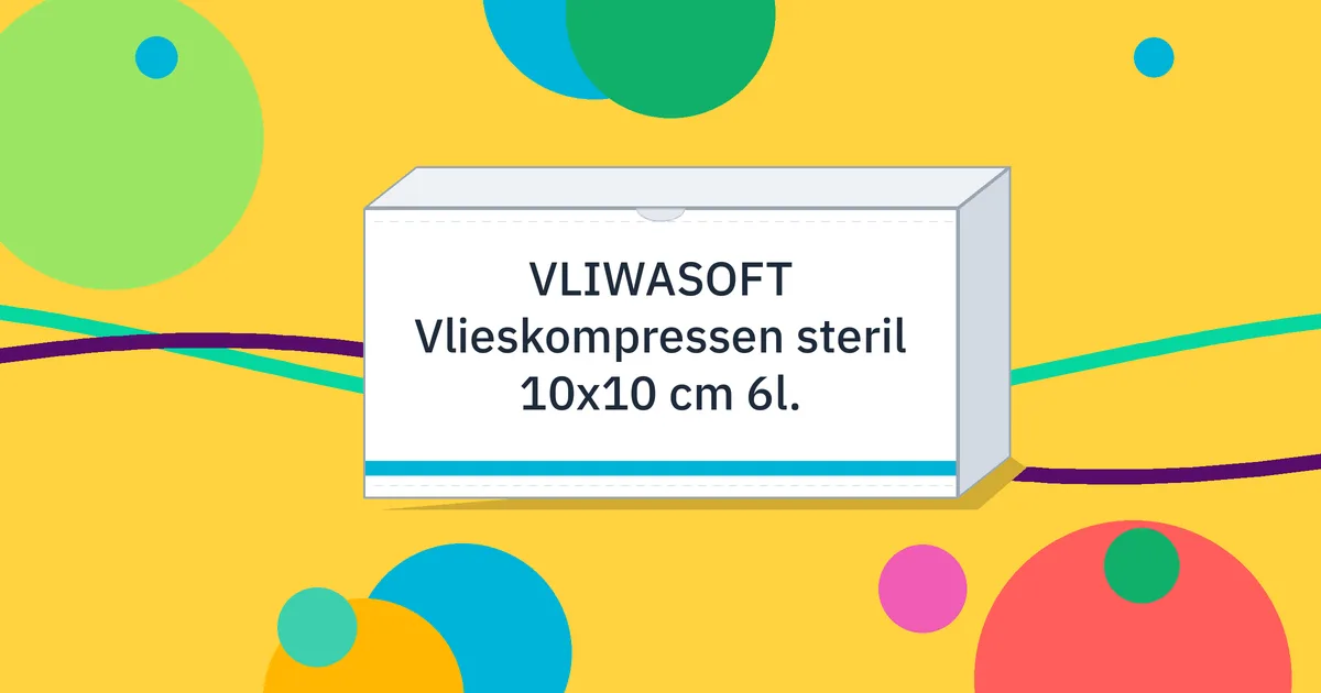 Symbolbild: Packung mit der Aufschrift VLIWASOFT Vlieskompressen steril 10x10 cm 6l. (PZN 19377227) – Verfügbarkeit und Bezug in Apotheken in Frankfurt am Main