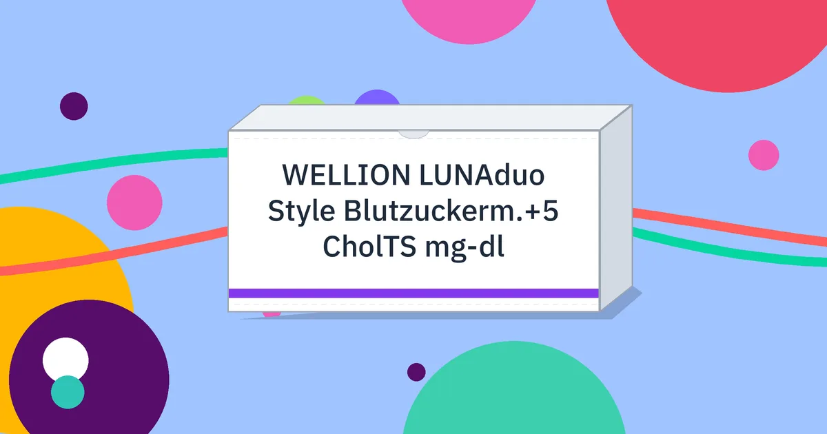 Symbolbild: Packung mit der Aufschrift WELLION LUNAduo Style Blutzuckerm.+5 CholTS mg-dl (PZN 10518318) – Verfügbarkeit und Bezug in Apotheken in Frankfurt am Main