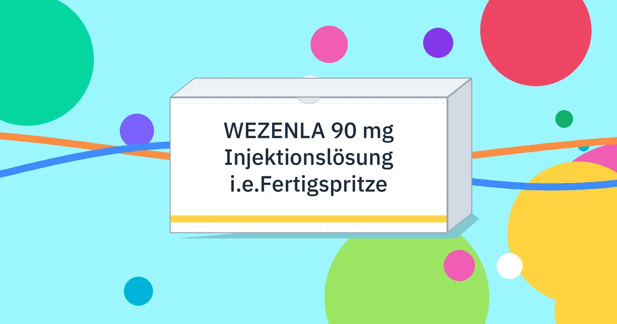 Symbolbild: Packung mit der Aufschrift WEZENLA 90 mg Injektionslösung i.e.Fertigspritze (PZN 19785593) – Verfügbarkeit und Bezug in Apotheken in Frankfurt am Main