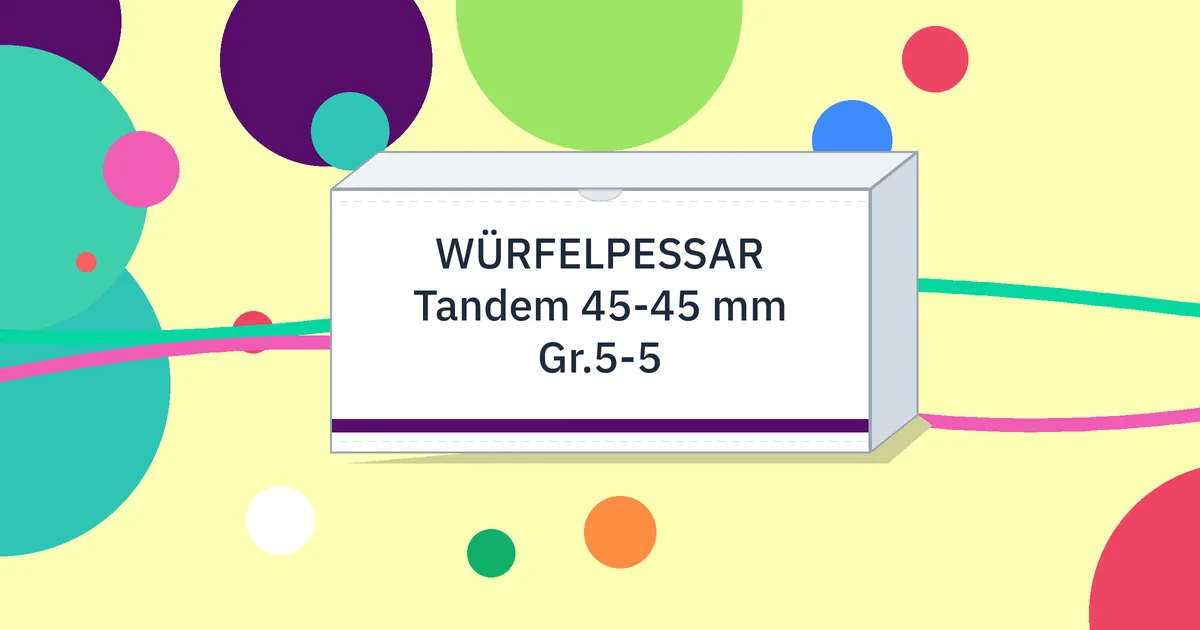 Symbolbild: Packung mit der Aufschrift WÜRFELPESSAR Tandem 45-45 mm Gr.5-5 (PZN 06127150) – Verfügbarkeit und Bezug in Apotheken in Frankfurt am Main
