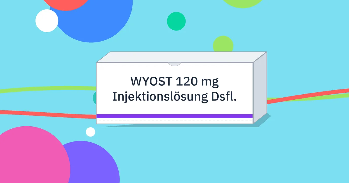 Symbolbild: Packung mit der Aufschrift WYOST 120 mg Injektionslösung Dsfl. (PZN 19282739) – Verfügbarkeit und Bezug in Apotheken in Frankfurt am Main
