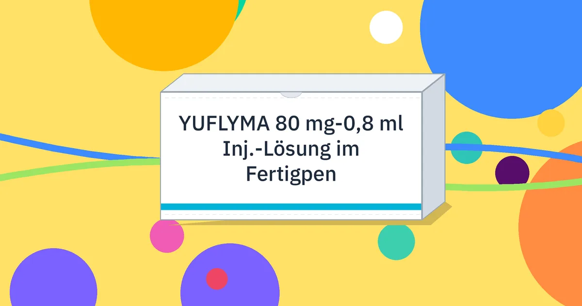 Symbolbild: Packung mit der Aufschrift YUFLYMA 80 mg-0,8 ml Inj.-Lösung im Fertigpen (PZN 19398040) – Verfügbarkeit und Bezug in Apotheken in Frankfurt am Main
