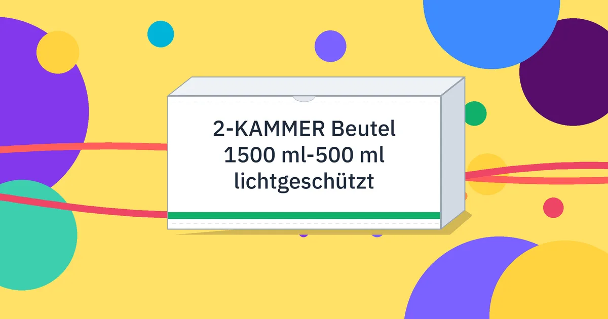 Symbolbild: Packung mit der Aufschrift 2-KAMMER Beutel 1500 ml-500 ml lichtgeschützt (PZN 14369453) – Verfügbarkeit und Bezug in Apotheken in Frankfurt am Main